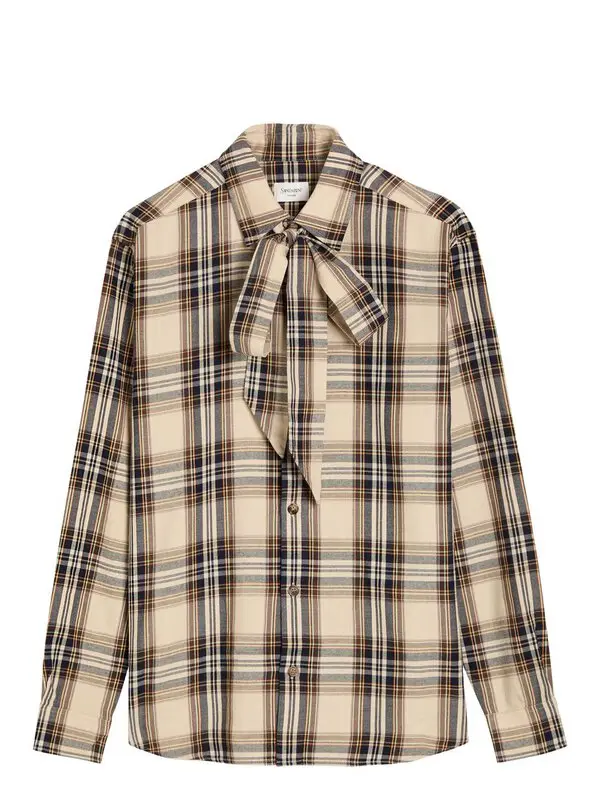 Saint Laurent Checked Tie-neck Cotton-blend Shirt - Multicoloured 1