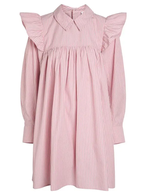 GANNI Striped Frilled Cotton-poplin Mini Shirt Dress - Light Pink