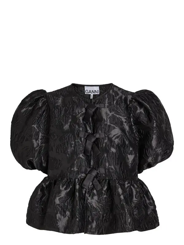 GANNI Floral Satin Cloqué Peplum Blouse - Black