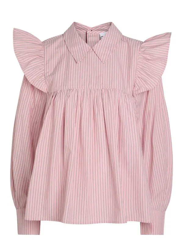 GANNI Striped Cotton-poplin Blouse With Frilled Trim - Light Pink