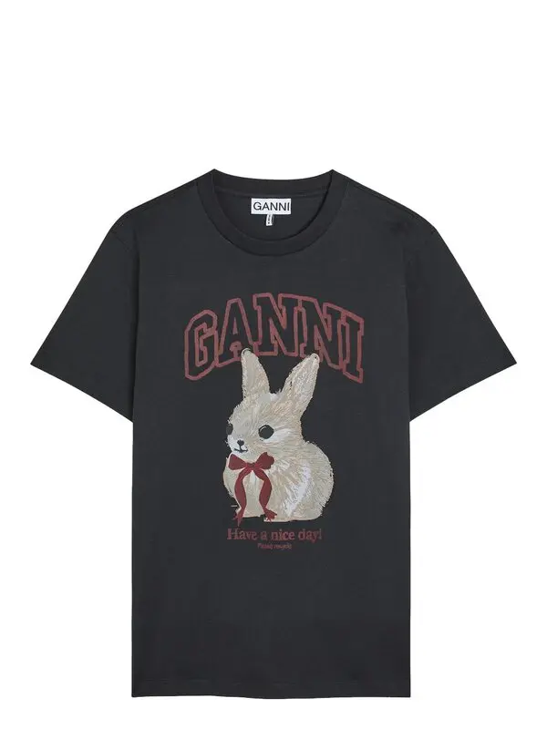 GANNI Printed Cotton T-shirt - Black