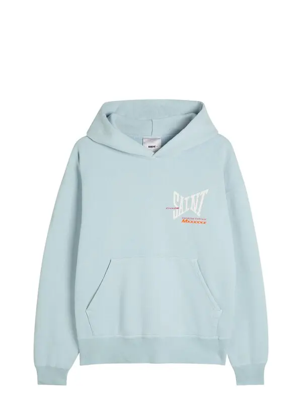 SAINT MXXXXXX Hooded Logo-print Cotton Sweatshirt - Light Blue
