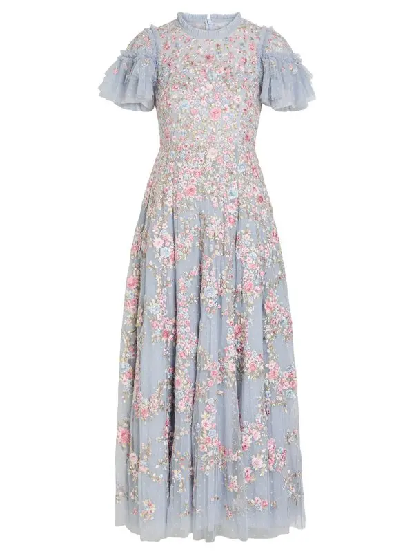 NEEDLE & THREAD Floral-embroidered Ruffled Tulle Gown - Blue