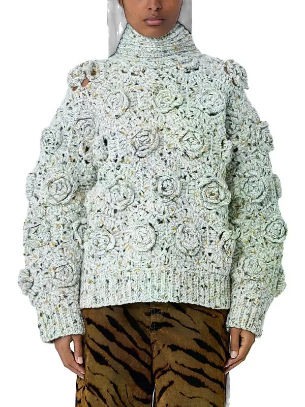 GANNI Floral Crochet Knit Sweater - White