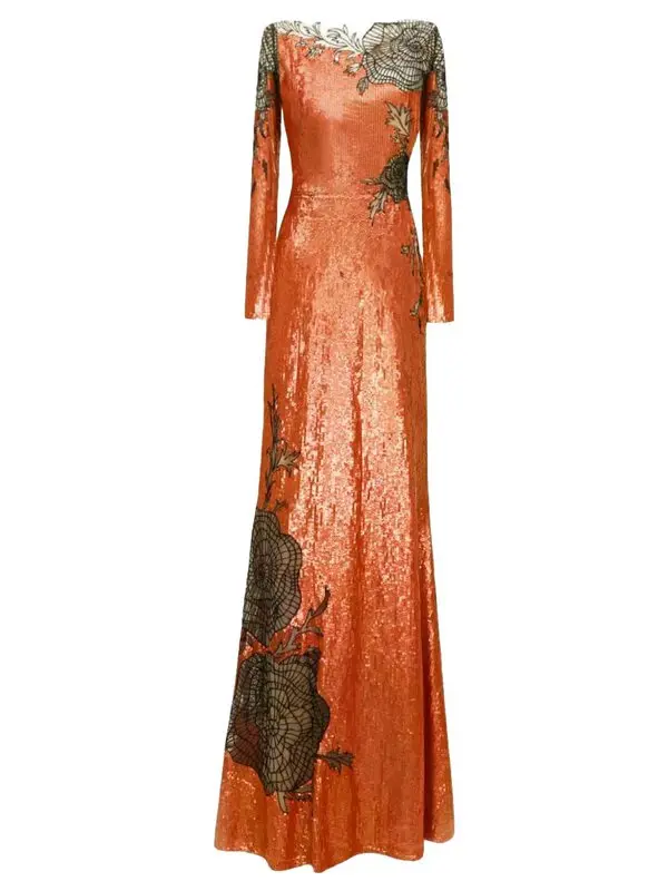 GEMY MAALOUF Long-sleeve Embroidered Maxi Dress - Orange