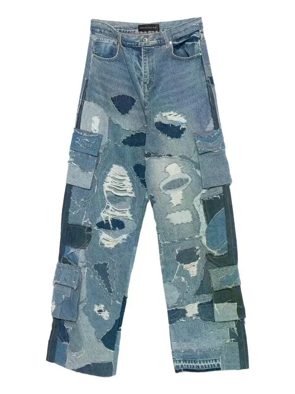 WHO DECIDES WAR BY EV BRAVADO Ripped Patchwork Cargo Jeans - Blue