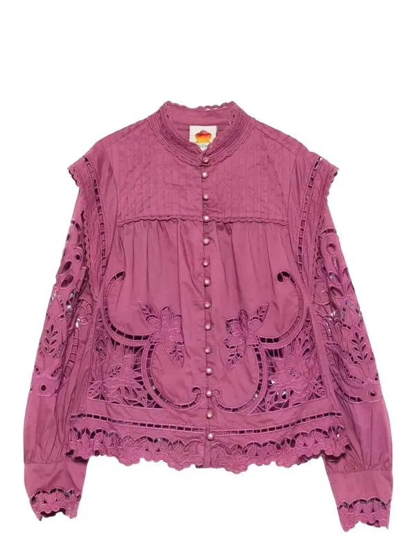 Farm Rio Floral Cut-out Scalloped Shirt - Purple
