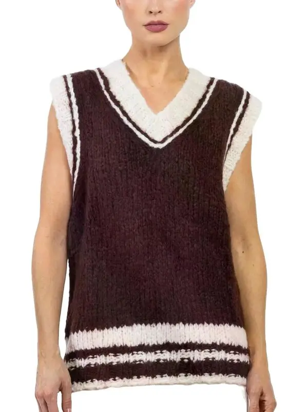 CUDDLEUP Striped V-neck Vest - Brown
