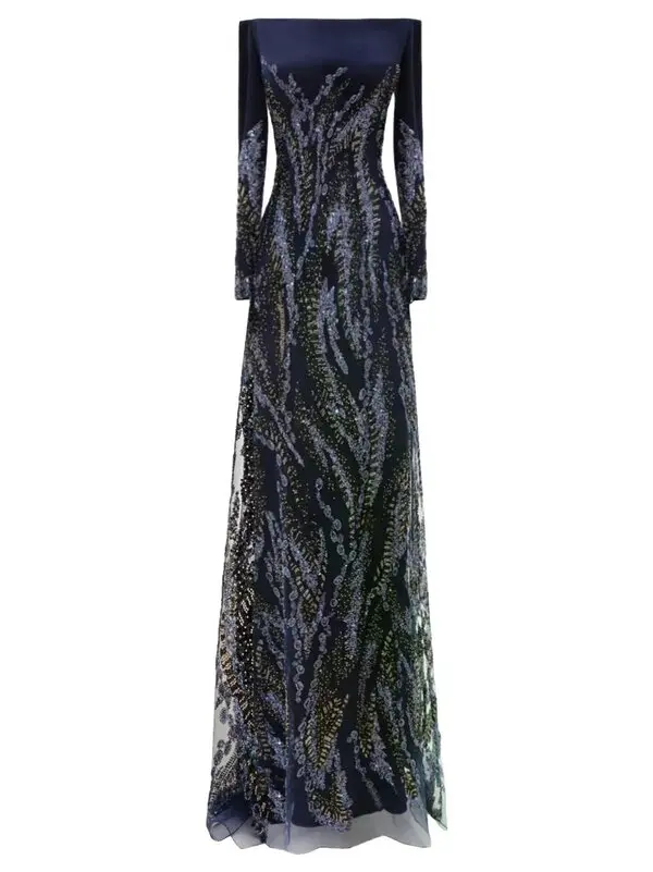 GEMY MAALOUF Beaded Off-shoulder Gown - Blue