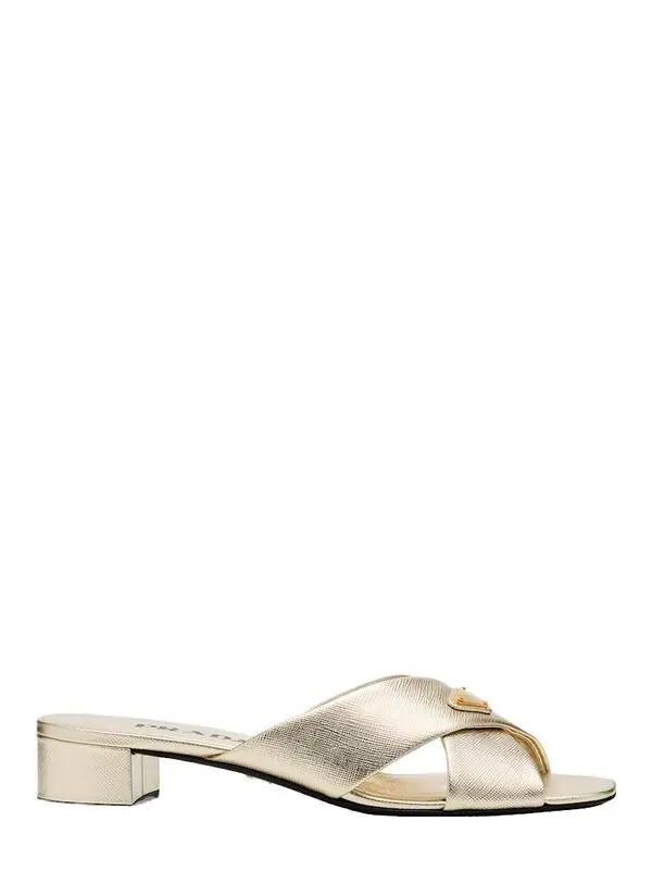 Prada 35mm Triangle Logo Metallic Leather Mule Sandals - Dark Gray