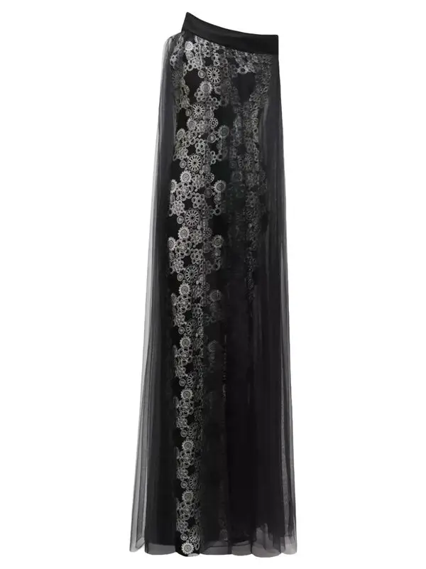 GEMY MAALOUF Embroidered Tulle Overlay Maxi Dress - Black