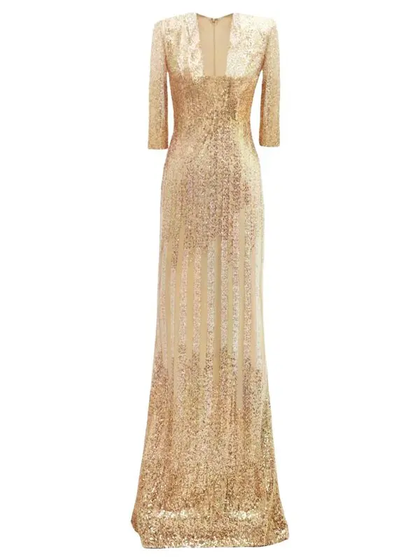 GEMY MAALOUF V-neck Three-quarter Sleeve Maxi Dress - Gold