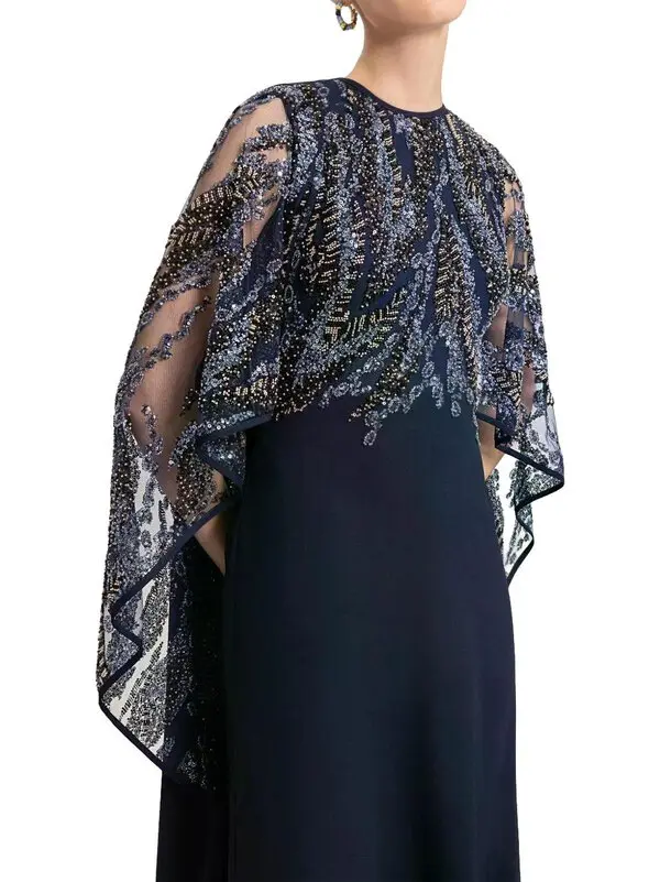 GEMY MAALOUF Beaded Sheer Cape Gown - Blue