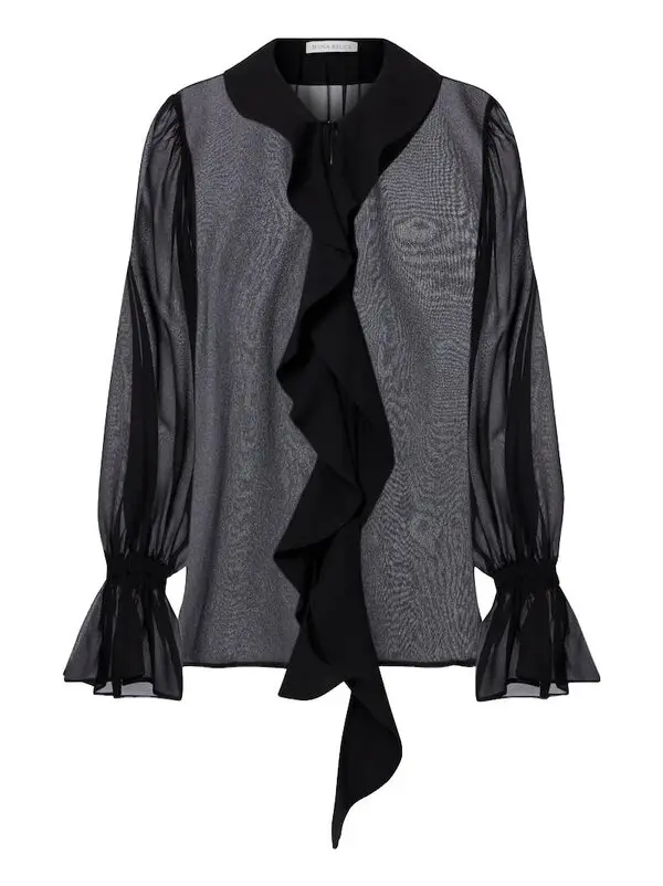 Nina Ricci Ruffled Sheer Silk Blouse - Black