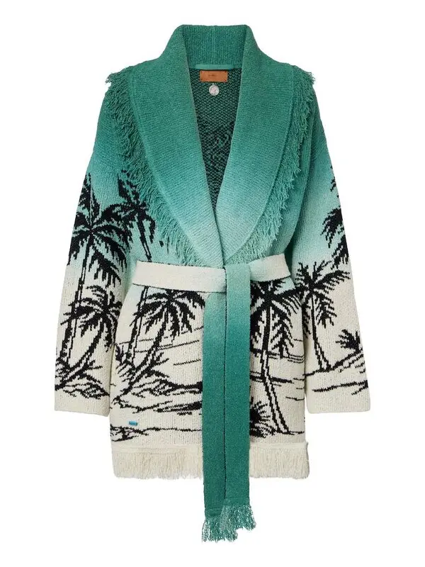 Alanui Wave Bloom Fringed Cotton-blend Jacquard Cardigan - Green