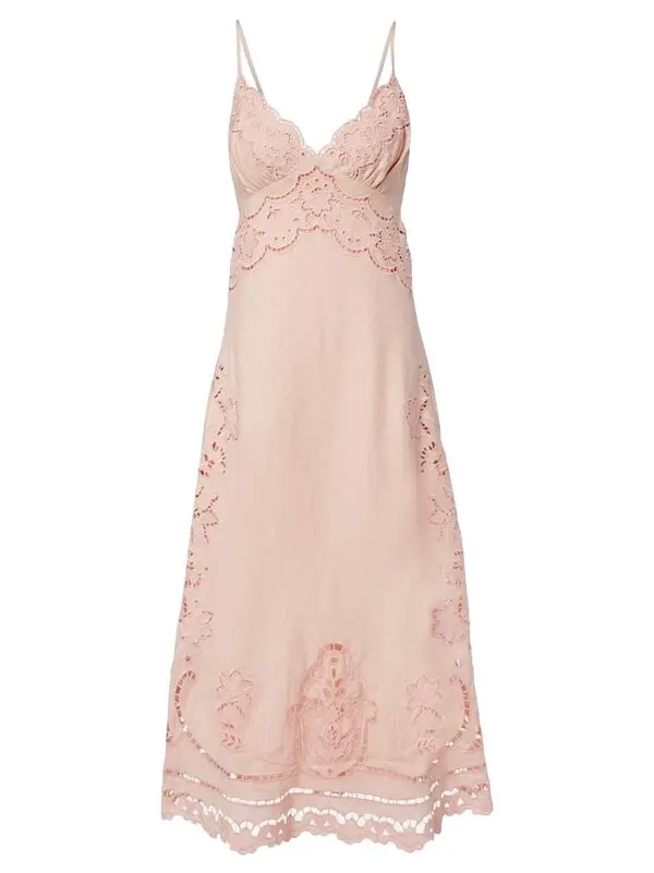 Farm Rio Embroidered Linen Slip Dress - Pink