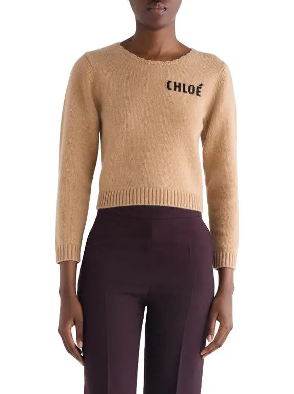 Chloé Scalloped Logo Crop Wool & Cashmere Sweater - Bleached Brown