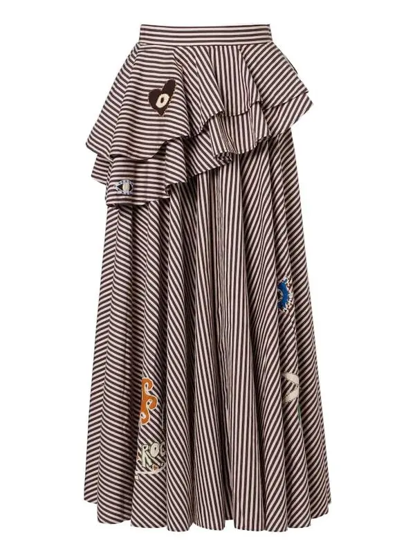 ALEMAIS Alémais Sirocco Embroidered Striped Cotton Maxi Skirt - Brown