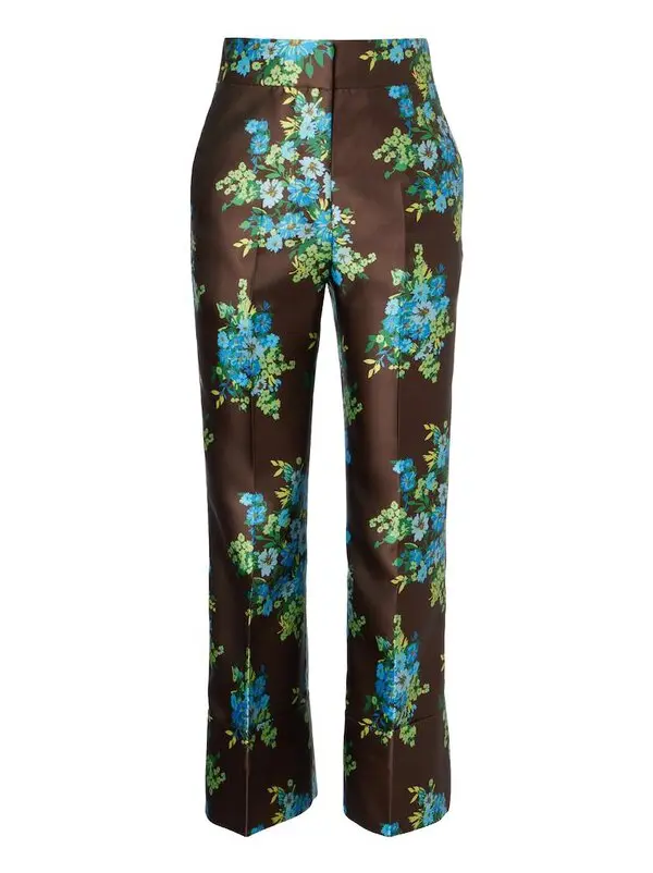 ALEMAIS Floral Cropped Satin Flared Trousers - Brown