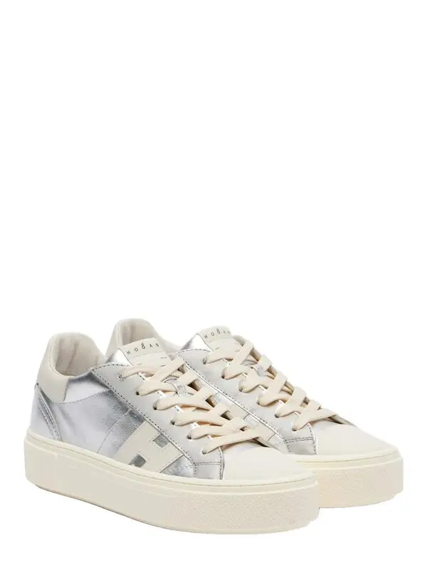 Hogan Crosswind Metallic Leather Sneakers - Silver