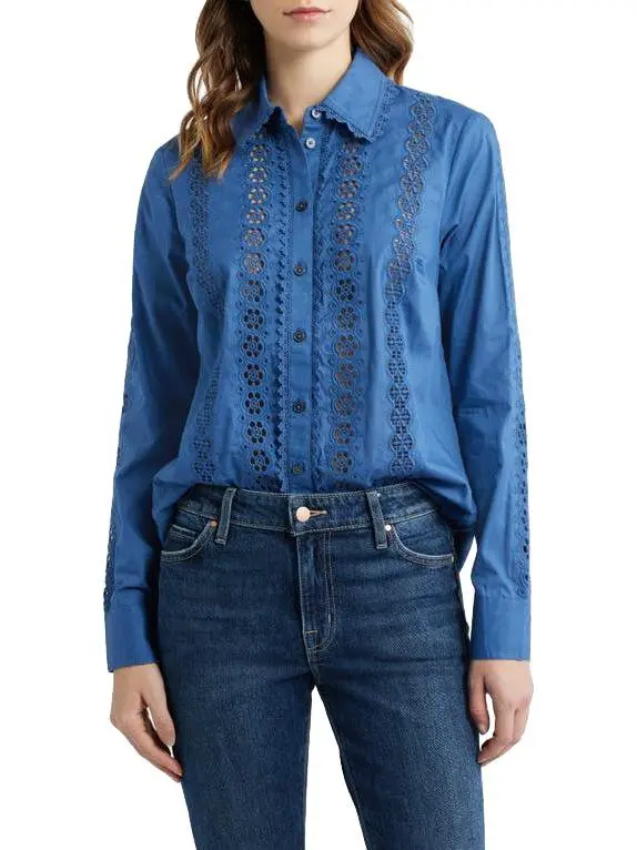 Boden Embroidered Cotton Button-up Shirt - Denim Blue