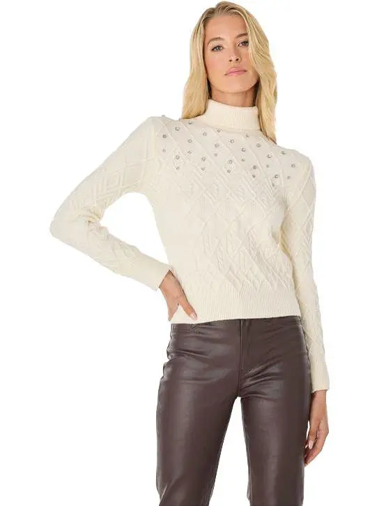 THE NOLI SHOP Cable-knit Turtleneck Sweater With Crystal Embellishments - Pearl