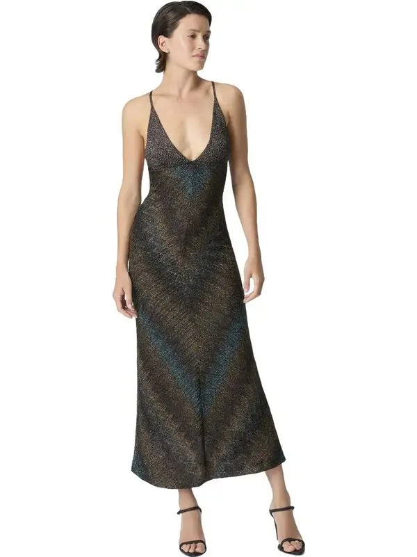 Missoni Long Viscose Lamé Dress With Plunge Neckline - Green& Brown