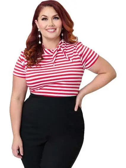 Unique Vintage Short Sleeve Knit Top With Tie Neck - White & Red Stripe