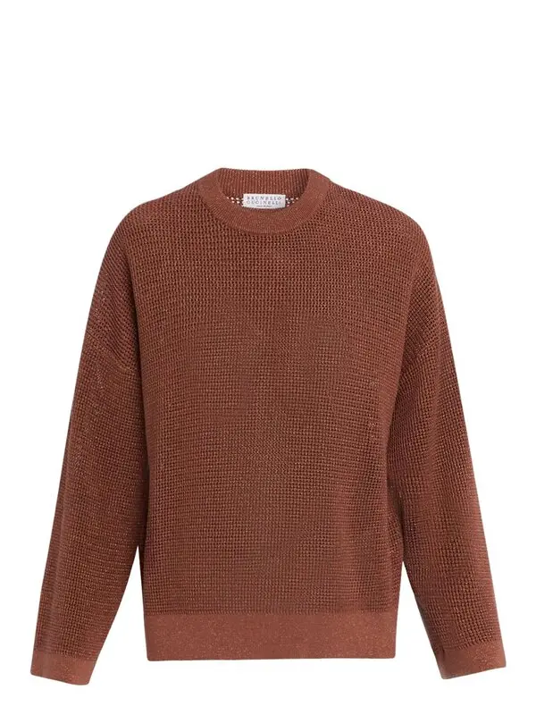 Brunello Cucinelli Metallic Diamond Stitch Crewneck Sweater - Fire Brick