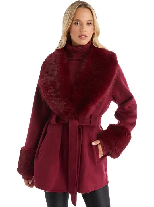 THE NOLI SHOP Faux Fur Trim Coat - Merlot