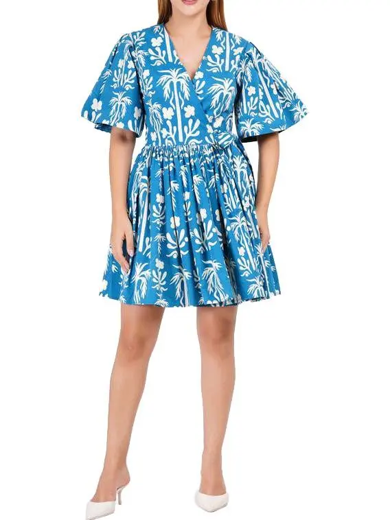 Leota Alena Mini Wrap Dress - Blue With White Pattern