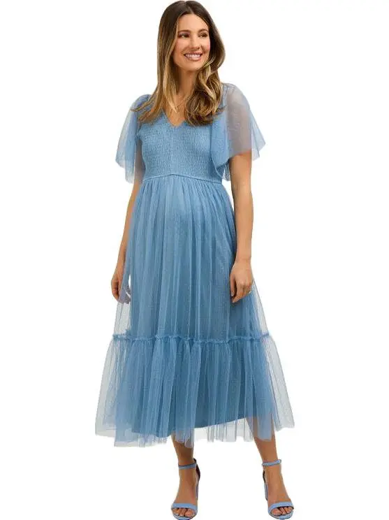 PINKBLUSH Dotted Tulle Smocked Maternity Midi Dress - Blue