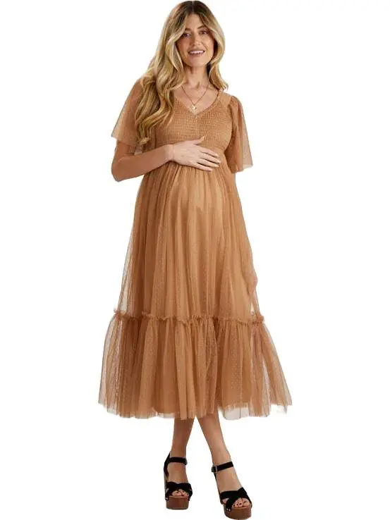 PINKBLUSH Dotted Tulle Smocked Maternity Midi Dress - Camel