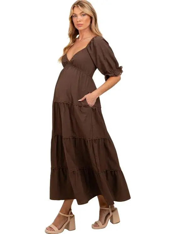 PINKBLUSH Deep V-neck Tiered Maxi Dress - Brown
