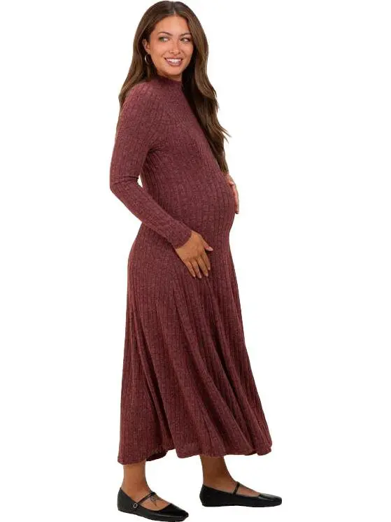PINKBLUSH Ribbed Mock Neck Midi Dress - Burgundy