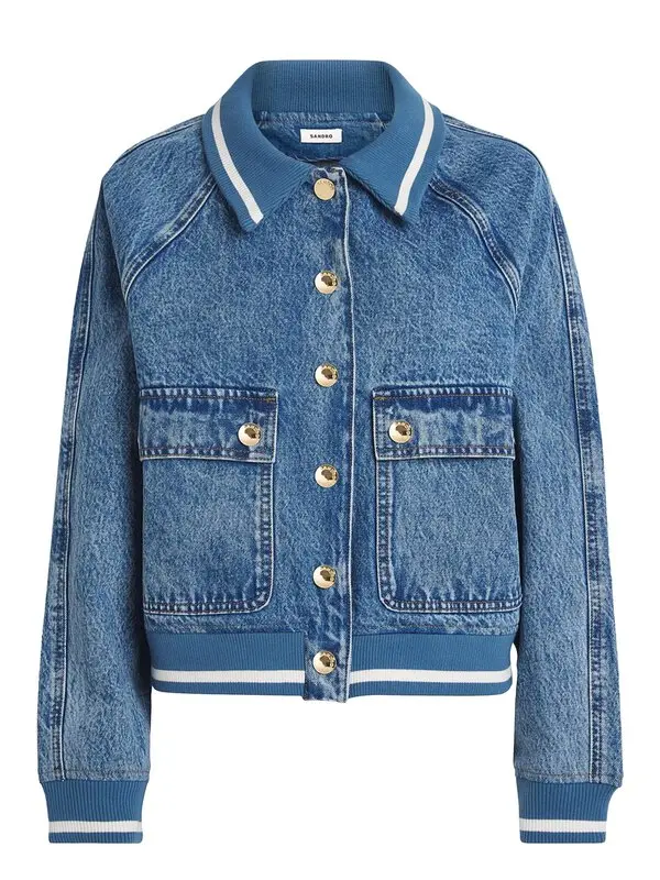 Sandro Rib-trim Denim Bomber Jacket - Blue