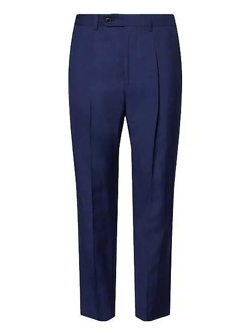 Paul Smith Pleated Tapered-leg Wool And Linen Trousers - Navy