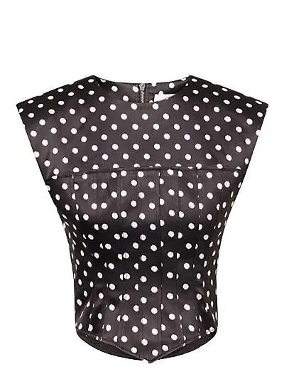GANNI Padded-shoulder Polka-dot Satin Corset Top - Black