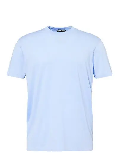 TOM FORD Brand-embroidery Crewneck Woven T-shirt - Heron Blue