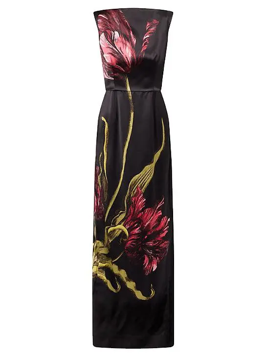 Erdem Boat-neck Floral Satin Maxi Dress - Etched Tulip Cherry