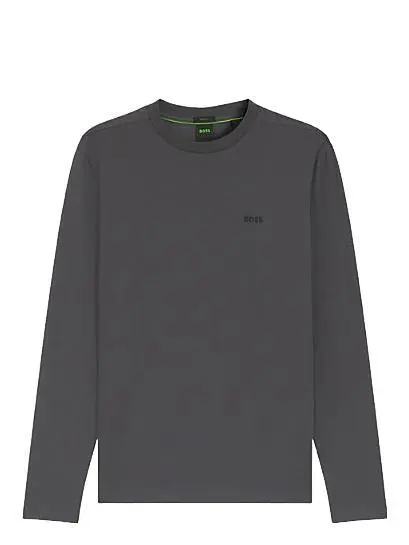 BOSS Brand-print Long-sleeved Stretch-cotton T-shirt - Open Grey