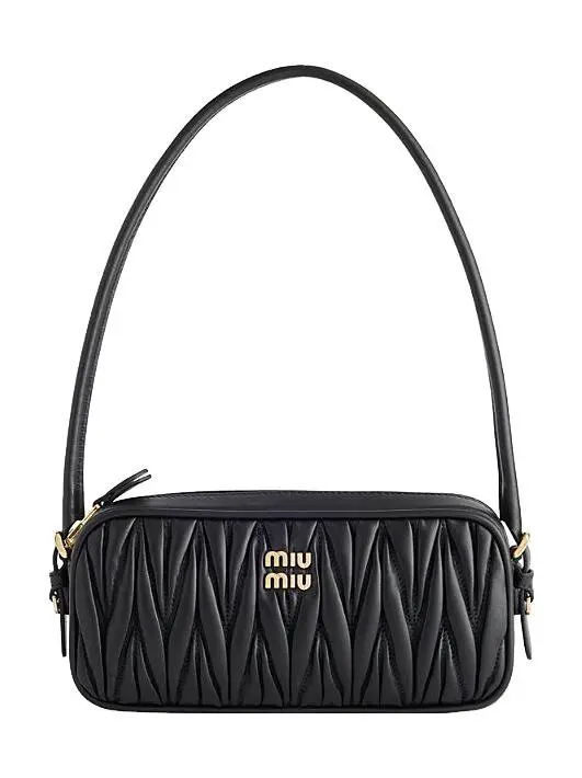 Miu Miu Matelassé Leather Shoulder Bag With Logo Plaque - Nero