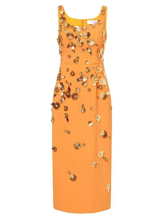 Carolina Herrera Floral-applique Woven Midi Dress - Tiger Lily