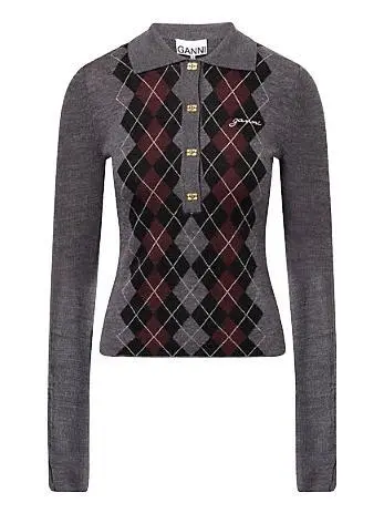 GANNI Argyle Wool Polo Jumper - Frost Gray