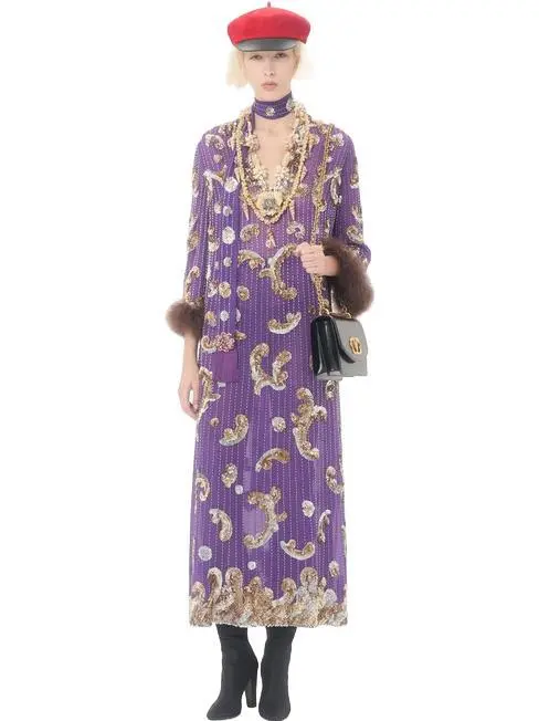 Valentino Garavani Embroidered Chiffon Midi Dress With Feathers - Purple