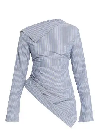 JANE WADE Asymmetric Pinstripe Button-sleeve Blouse - Washed Blu