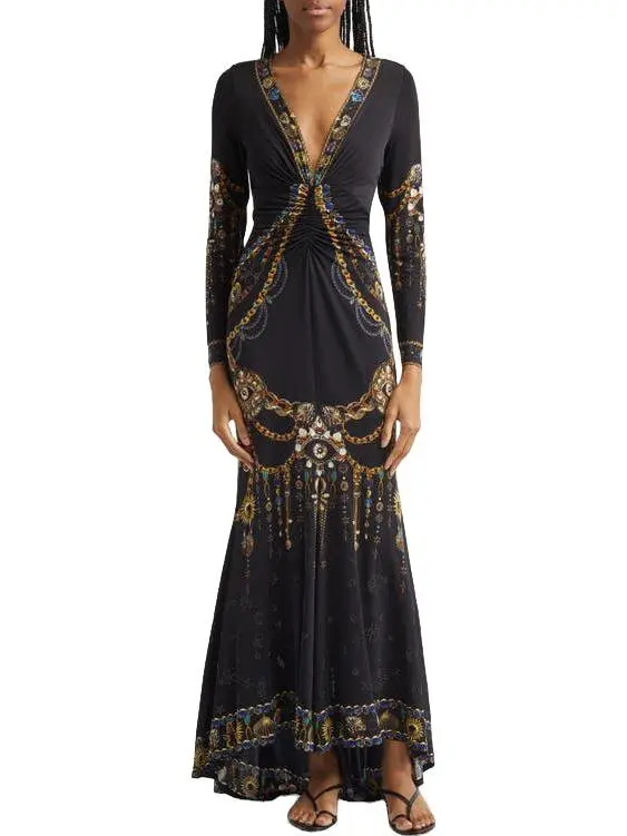 Camilla Amulets & Alchemy Print Gathered Long Sleeve Jersey Dress With Train - Amulets And Alchemy