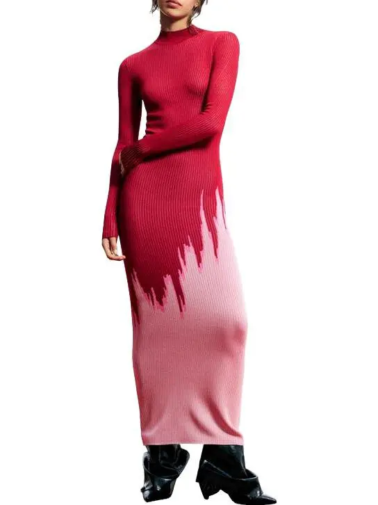 Desigual Mock Neck Maxi Ombré Sweater Dress - Red