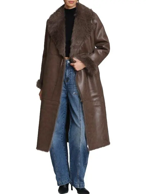 Avec Les Filles Reversible Faux Leather & Faux Fur Wrap Coat - Chocolate