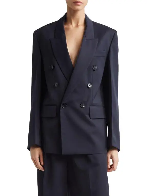 Victoria Beckham Tailored Double Breasted Check Wool Blend Jacket - Navy